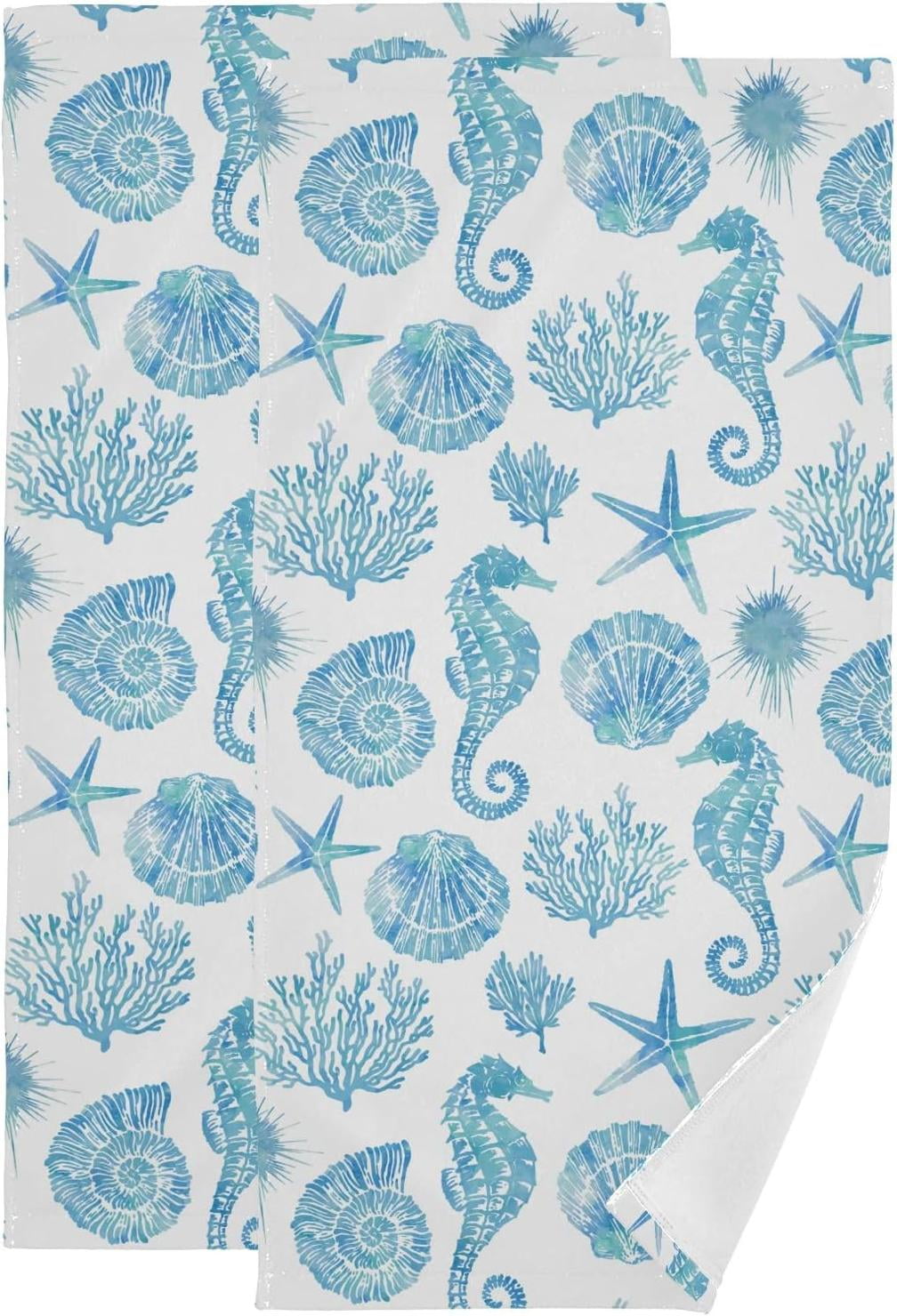 Watercolor Sea Horse Hand Towels 2 PCS, Undersea Shell Seaweed Kitchen ...