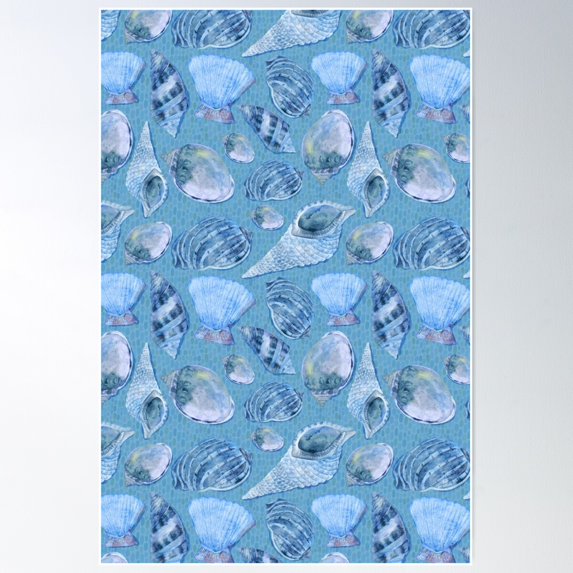 Watercolor Sea Shells Ocean Blue Poster Wall Art, Modern Wall Decor For ...