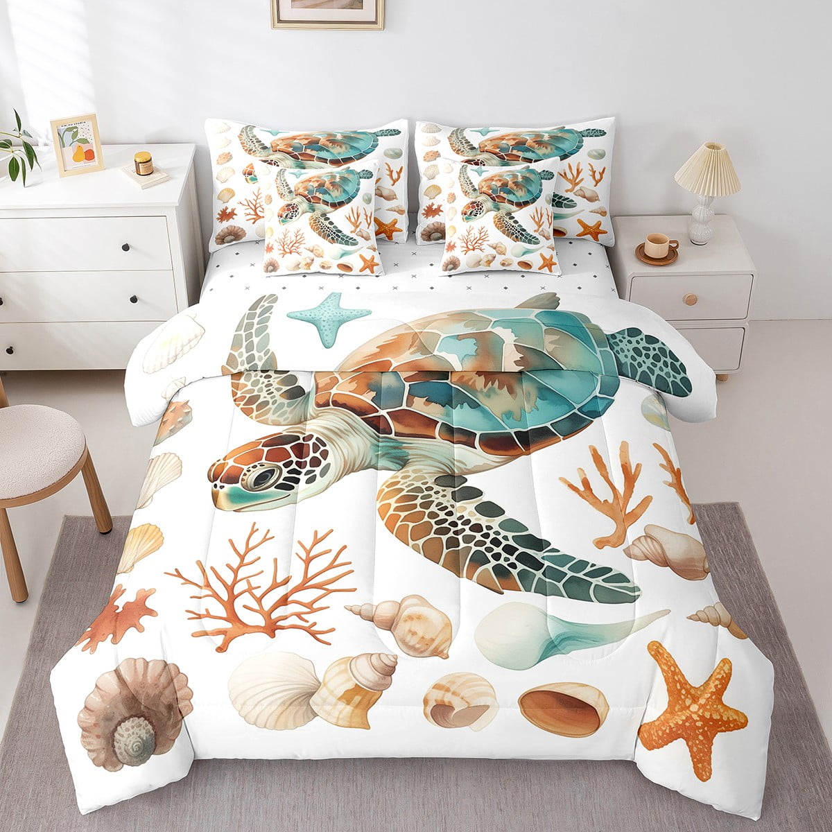 Watercolor Sea Turtle Bedding Comforter Sets 7pcs Starfish Seashell Bed ...