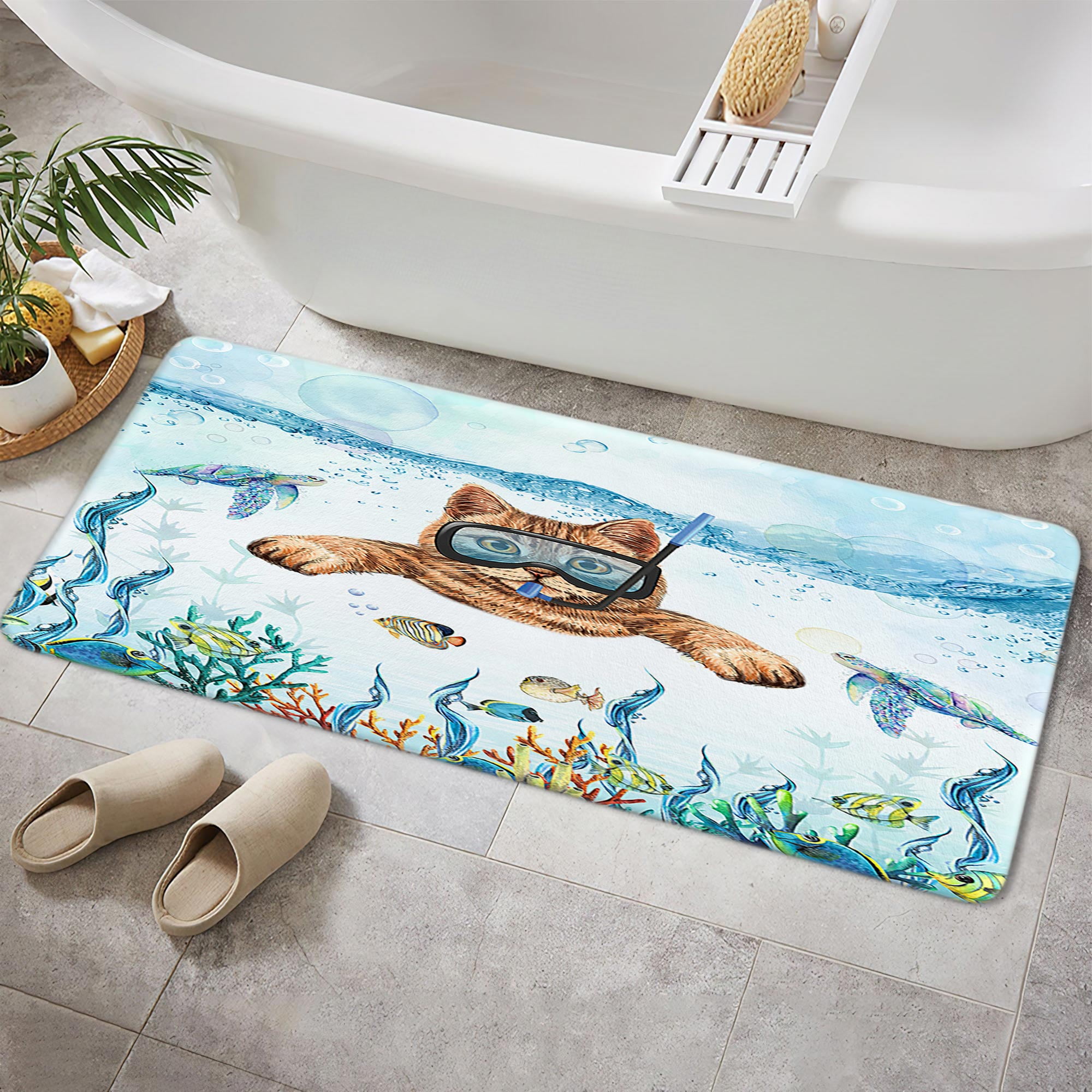 Watercolor Sea Turtle Blue Bathroom Rugs, Nautical Marine Animals Bath ...