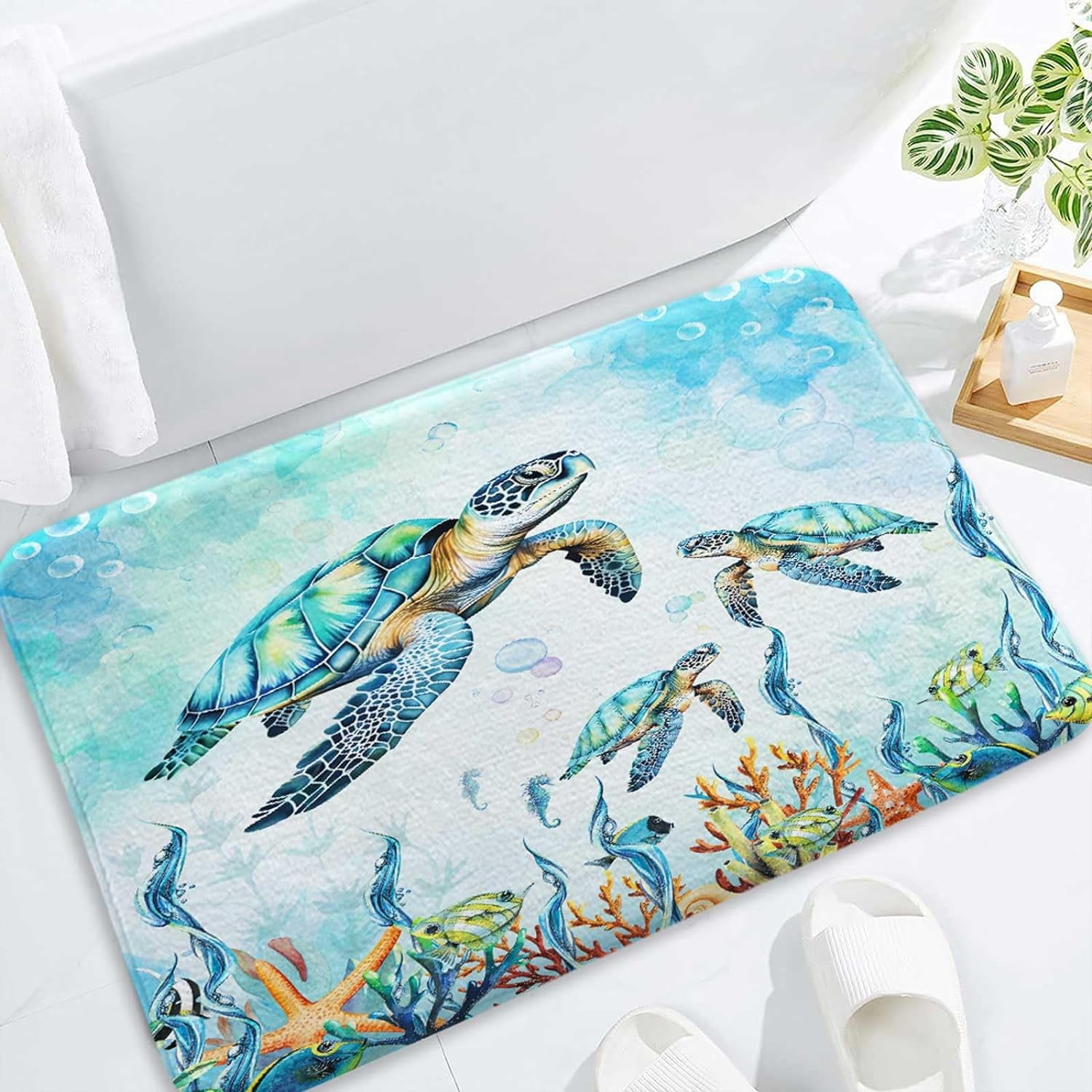 Watercolor Sea Turtle Blue Bathroom Rugs, Nautical Marine Animals ...