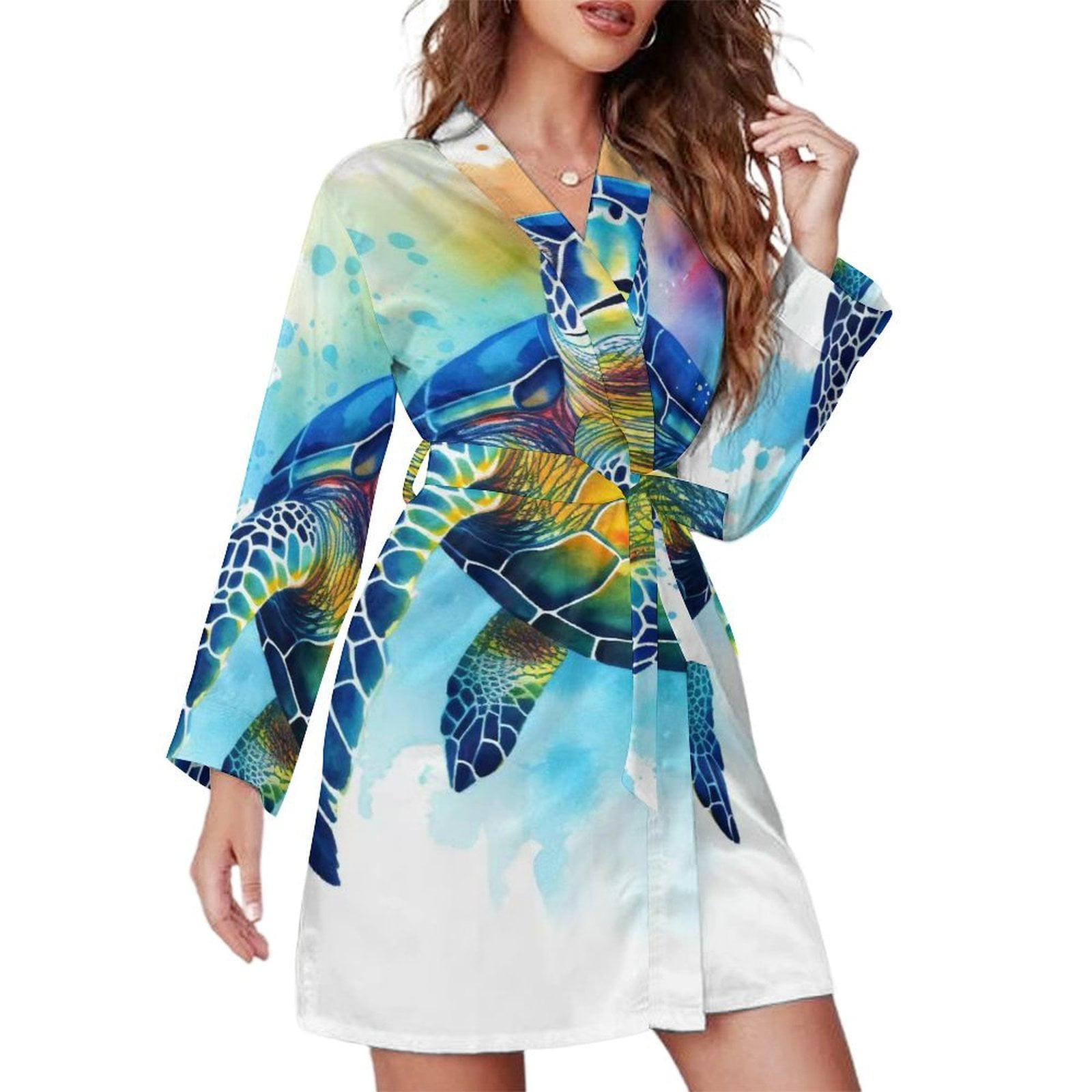 Watercolor Sea Turtle Cute Night Robe Long Sleeve V Neck Robe With Belt ...
