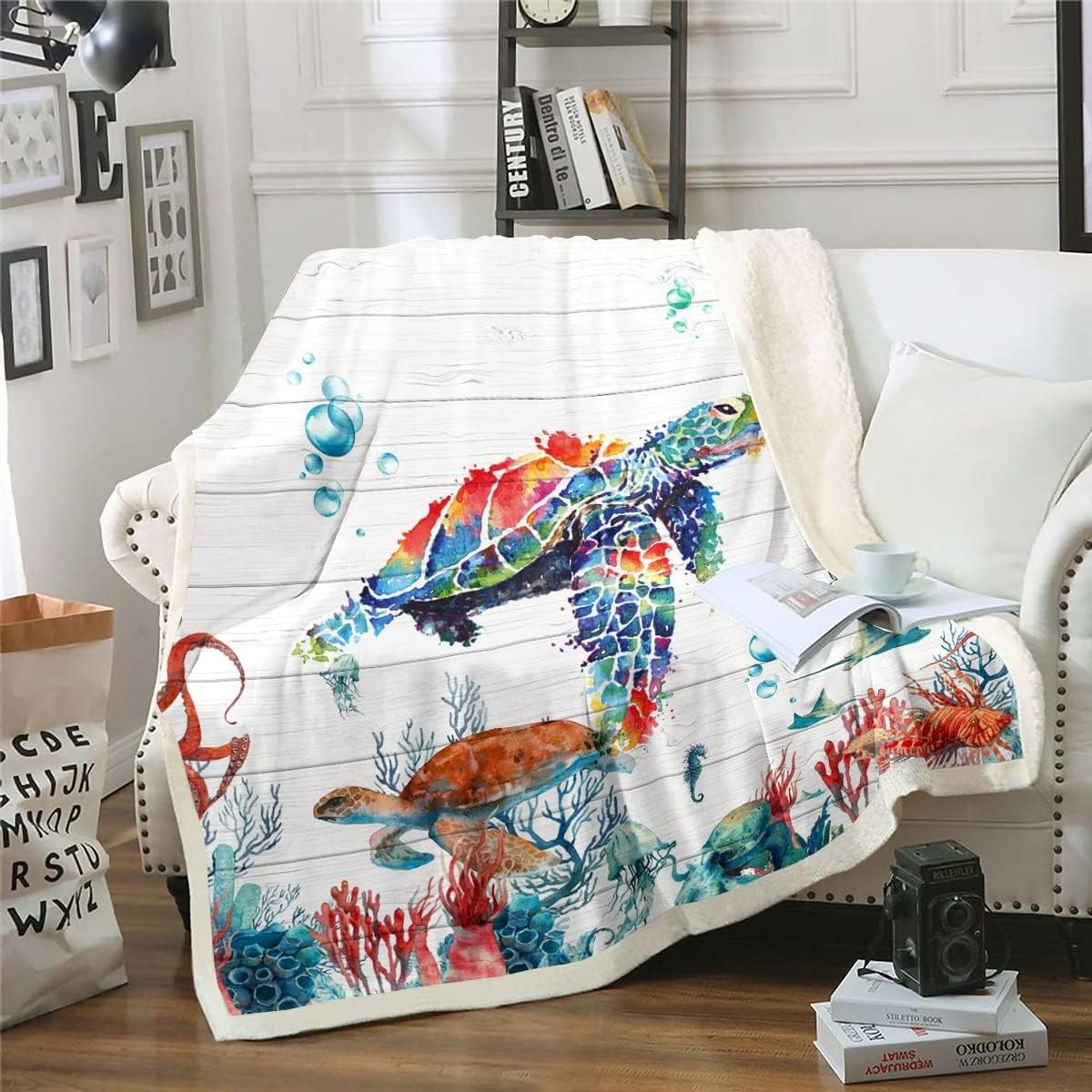 Watercolor Sea Turtle Fleece Blanket,Cute Octopus Jellyfish Sherpa ...