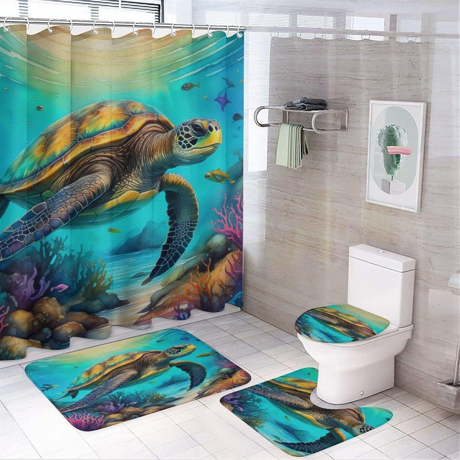 Watercolor Sea Turtle Shower Curtain Sets 4 Piece,Fantasy Oil Painting ...