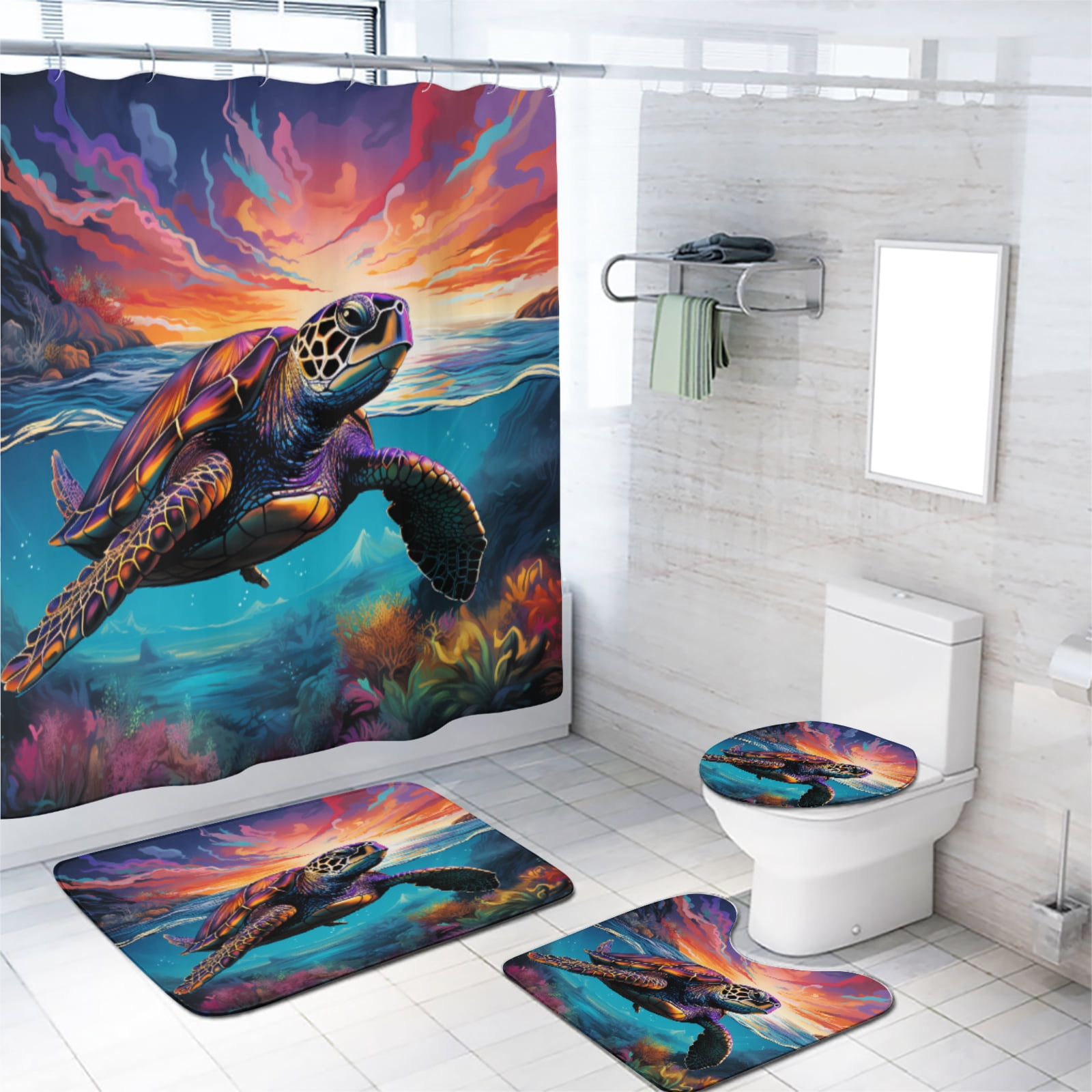 Watercolor Sea Turtles Shower Curtain Set Underwater Coral Ocean Marine ...