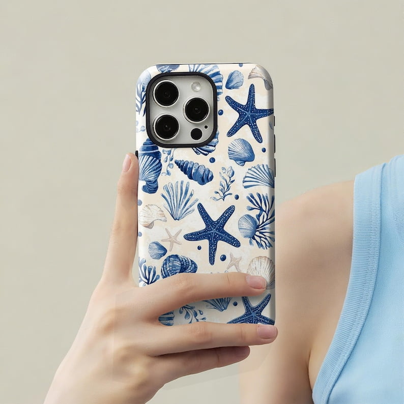 Watercolor Seashell Collage Phone Case, Coastal Beach Pattern Aesthetic ...