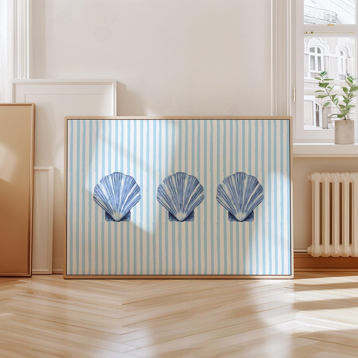 Watercolor Seashell And Stripes Print In Blue, Beachy Wall Art For ...