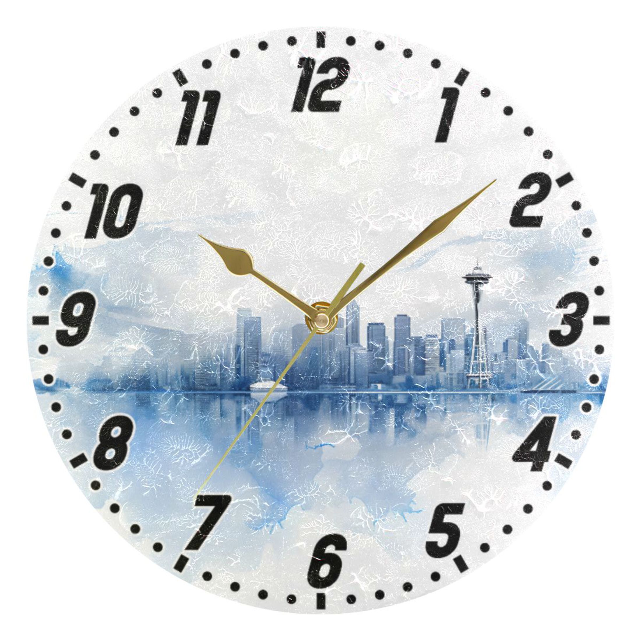 Watercolor Seattle Skyline Wall Clock 9.8 inch Battery Operated Clocks ...