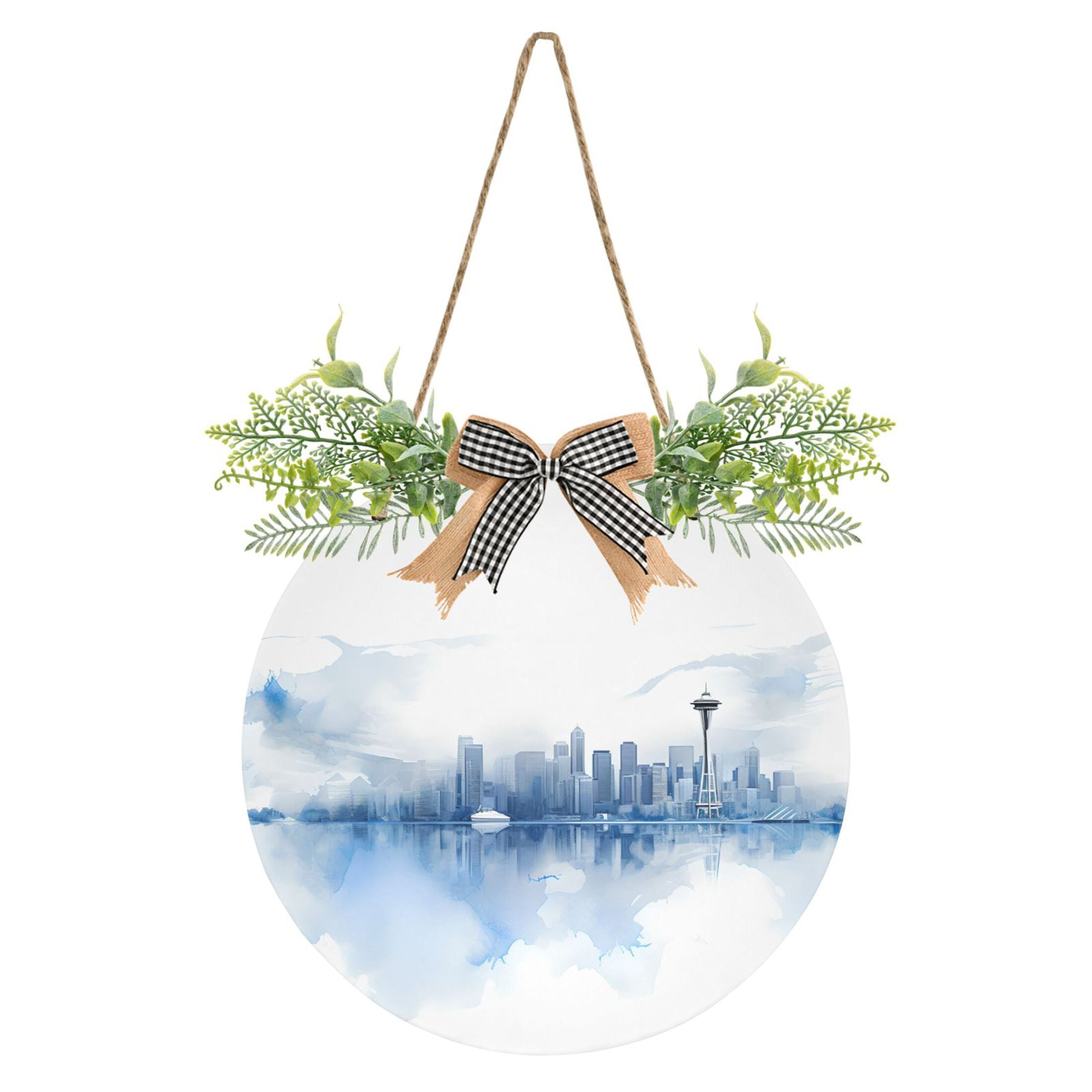 Watercolor Seattle Skyline Welcome Front Door Sign Round 12 inch Porch ...
