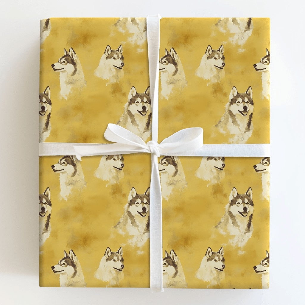 Watercolor Siberian Husky Dog Pattern Yellow Gift Wrapping Paper ...