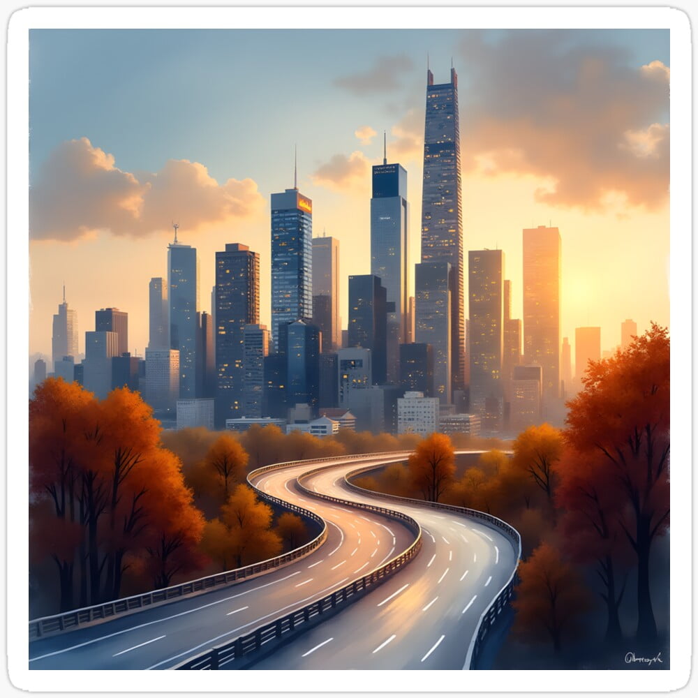 Watercolor Skyline At Dusk - Cityscape Art Sticker Phone Decal Water ...