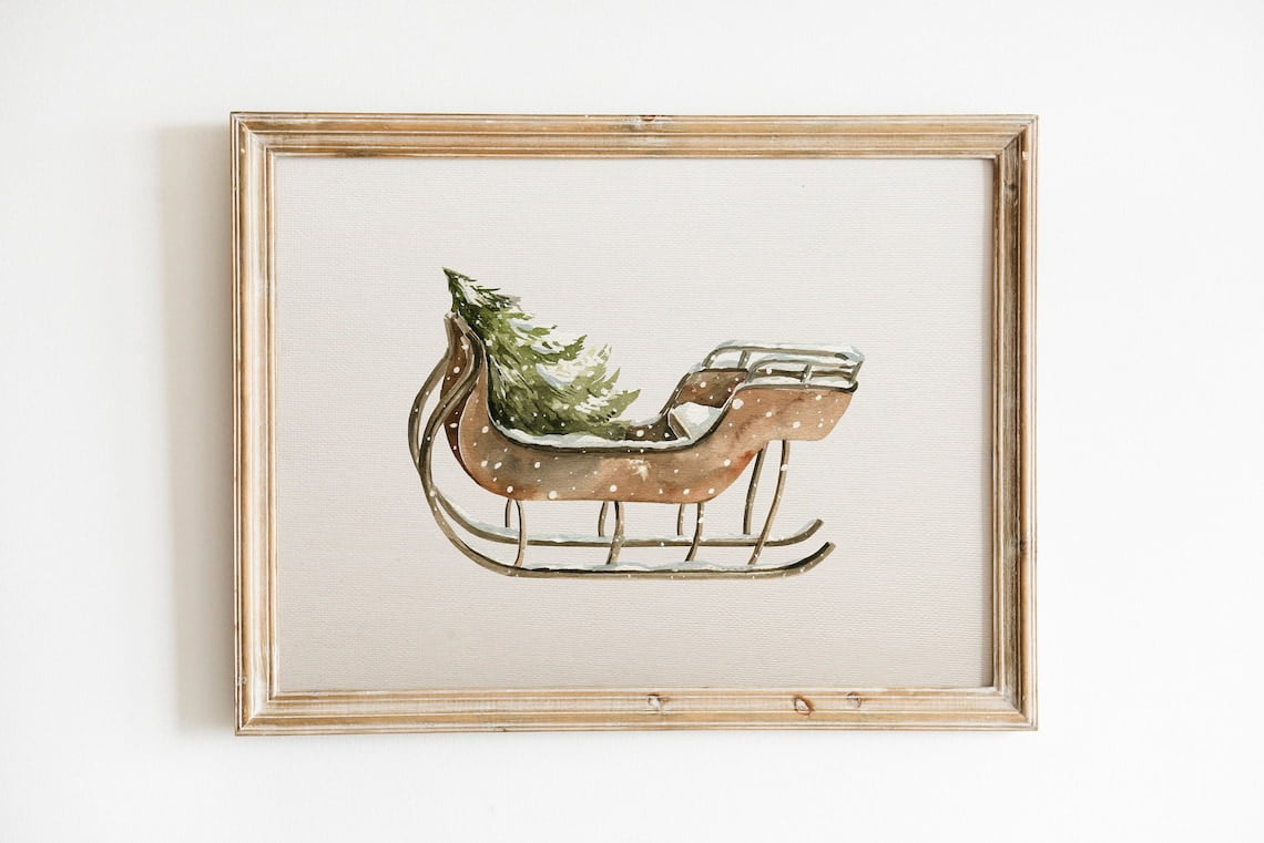 Watercolor Sleigh with Christmas Tree Print Vintage Sleigh Printable ...