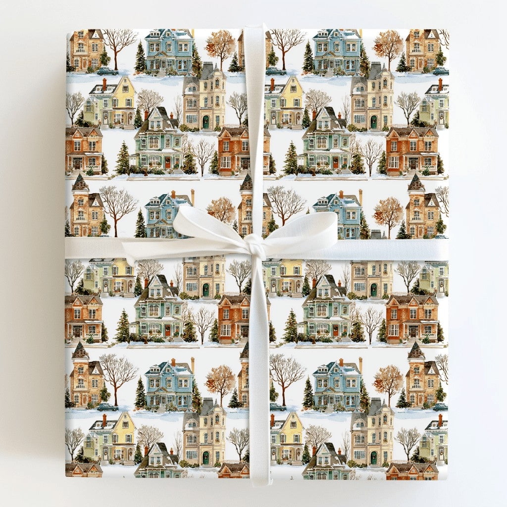 Watercolor Snowy Christmas Village Victorian Houses Gift Wrapping Paper - Walmart.com