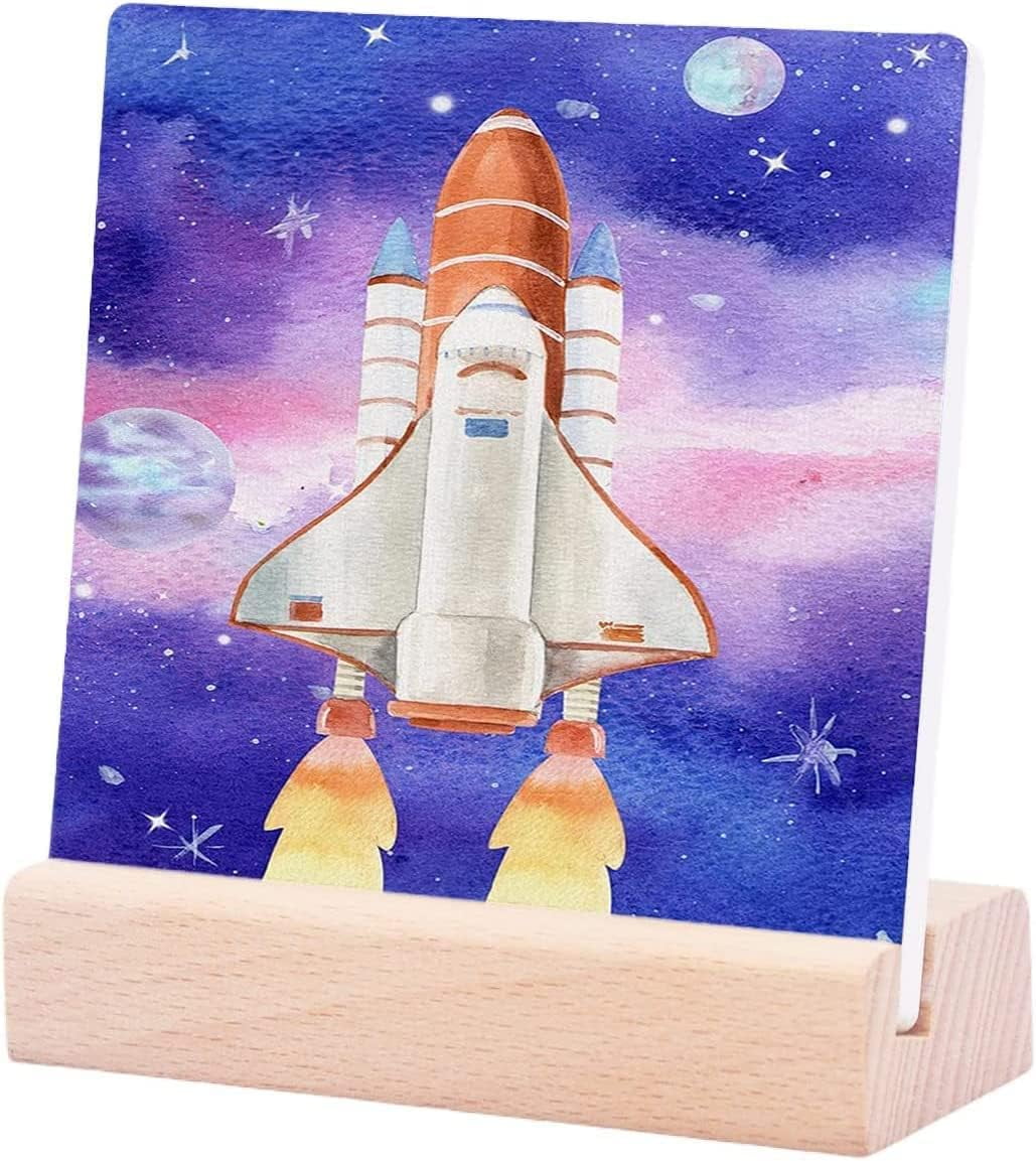 Watercolor Space Shuttle Ceramic Table Plaque with Wooden Stand Desk ...