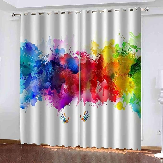 Watercolor Splash Color Doodle Art Window Curtain, Blue Yellow Red ...