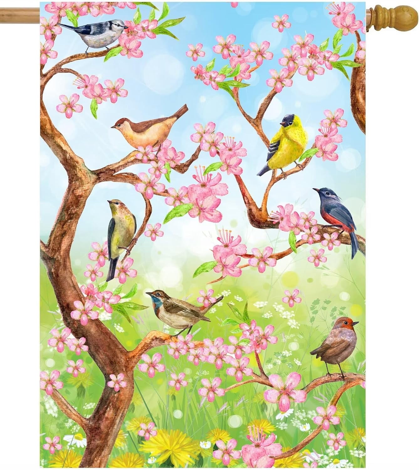 Watercolor Spring Birds Blooming Flowers Daisy Meadow Seasonal House ...