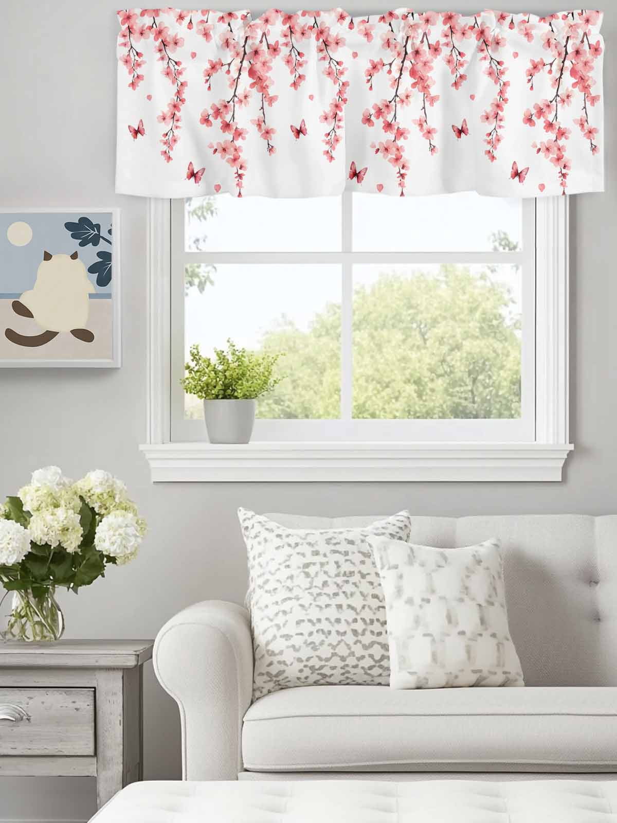 Watercolor Spring Cherry Blossom Valances for Windows,Rod Pocket ...