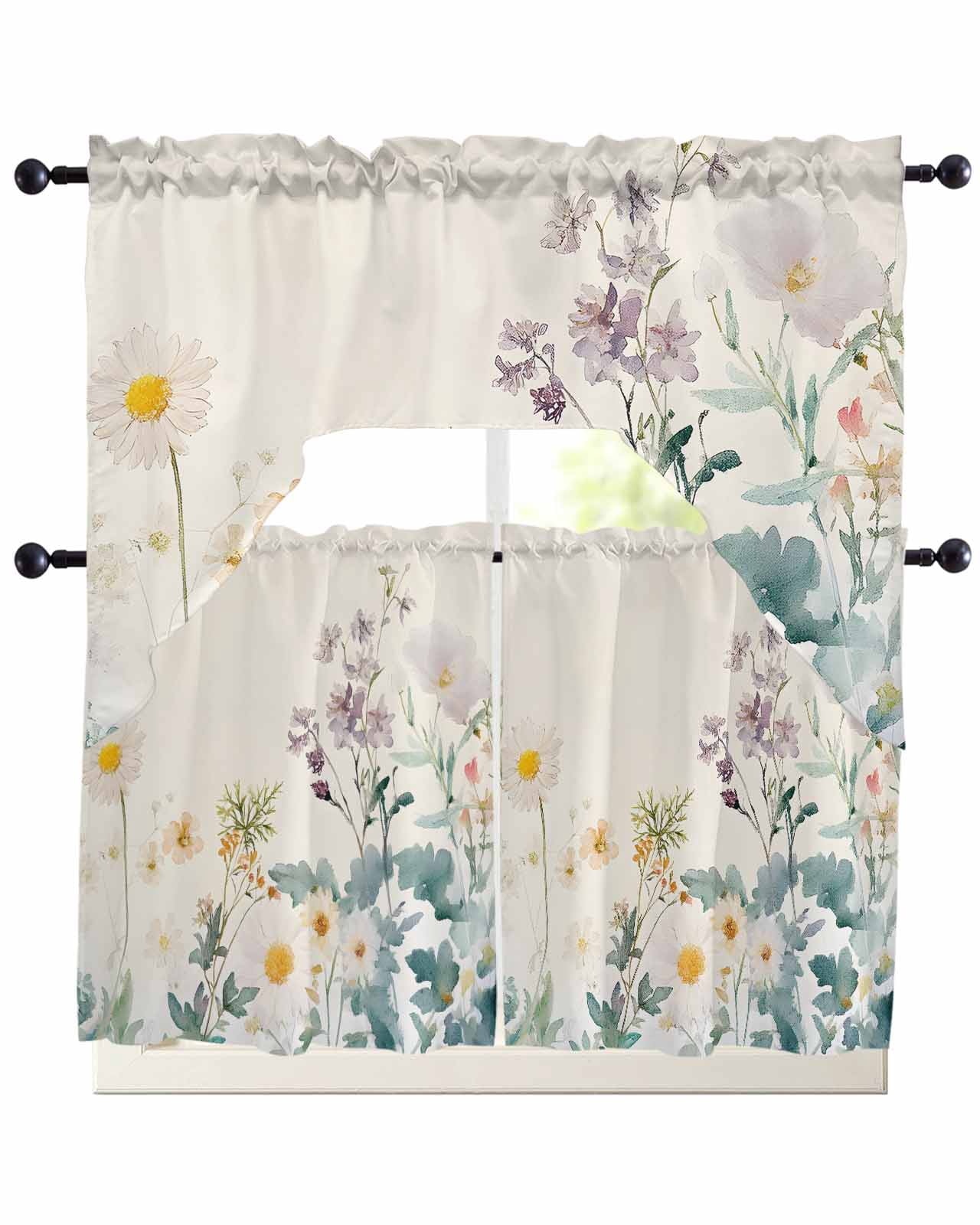 Watercolor Spring Floral Kitchen Curtains Swag Valance and Tier ...