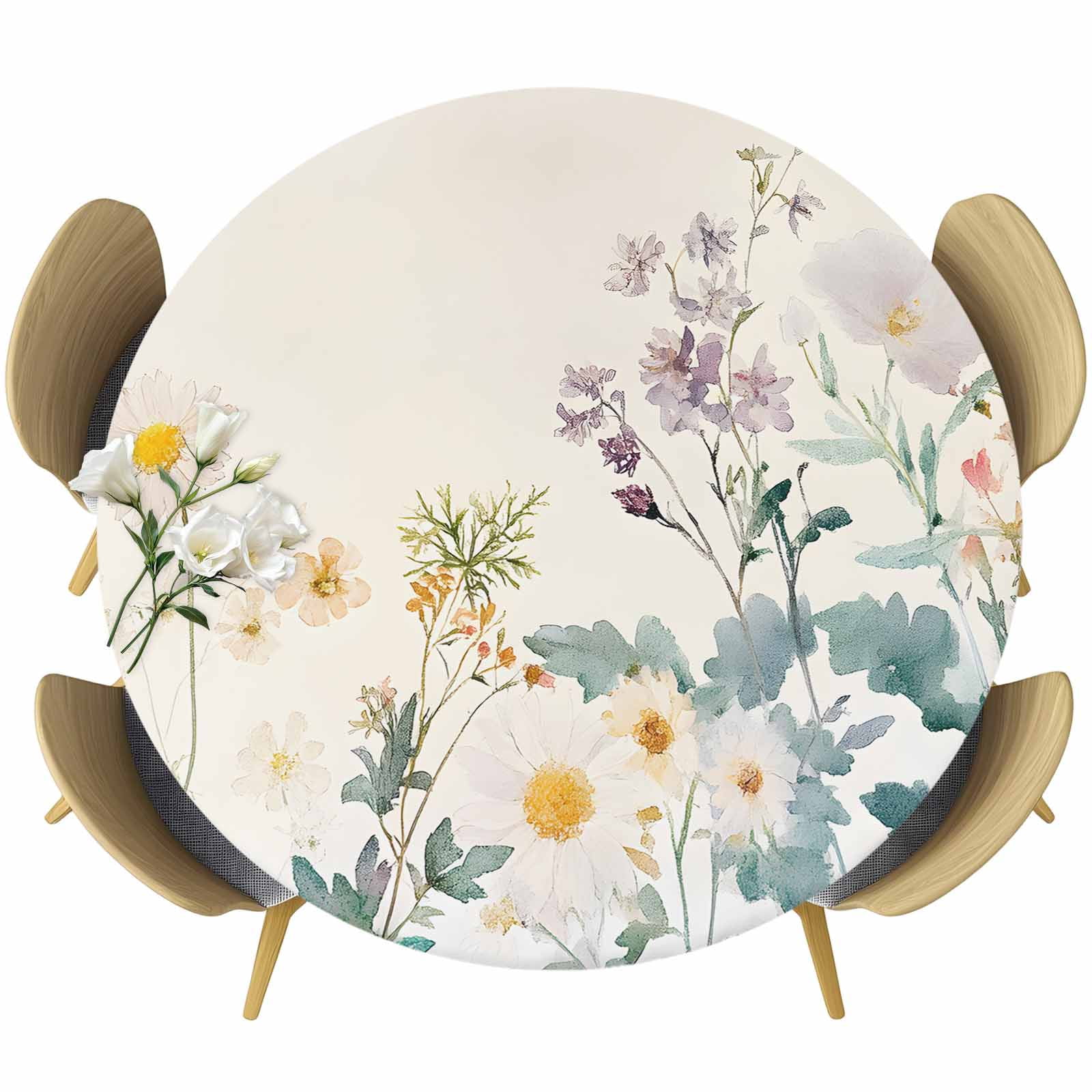 Watercolor Spring Floral Round Tablecloth 45-54 Inch Round Fitted Table ...