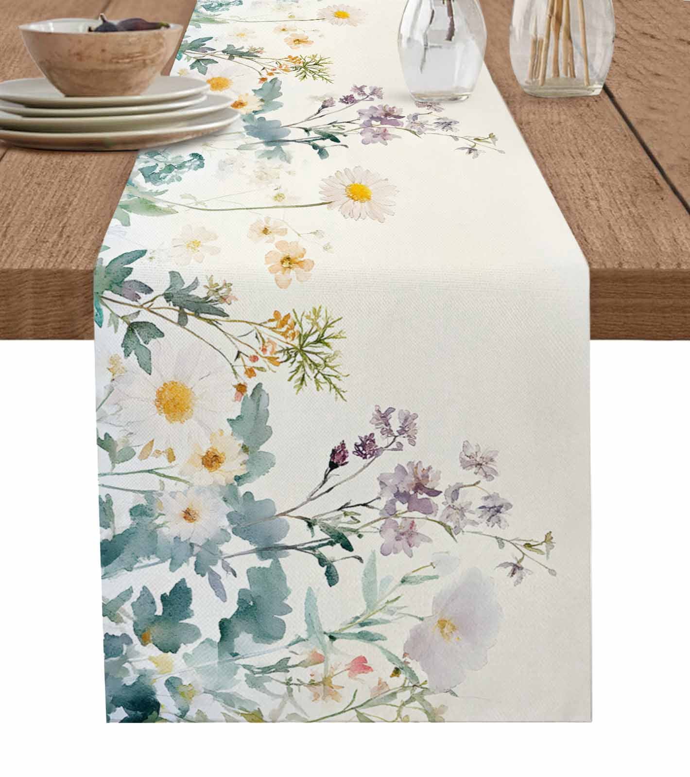 Watercolor Spring Floral Table Runner 120 Inches, Farmhouse Daisy Green ...