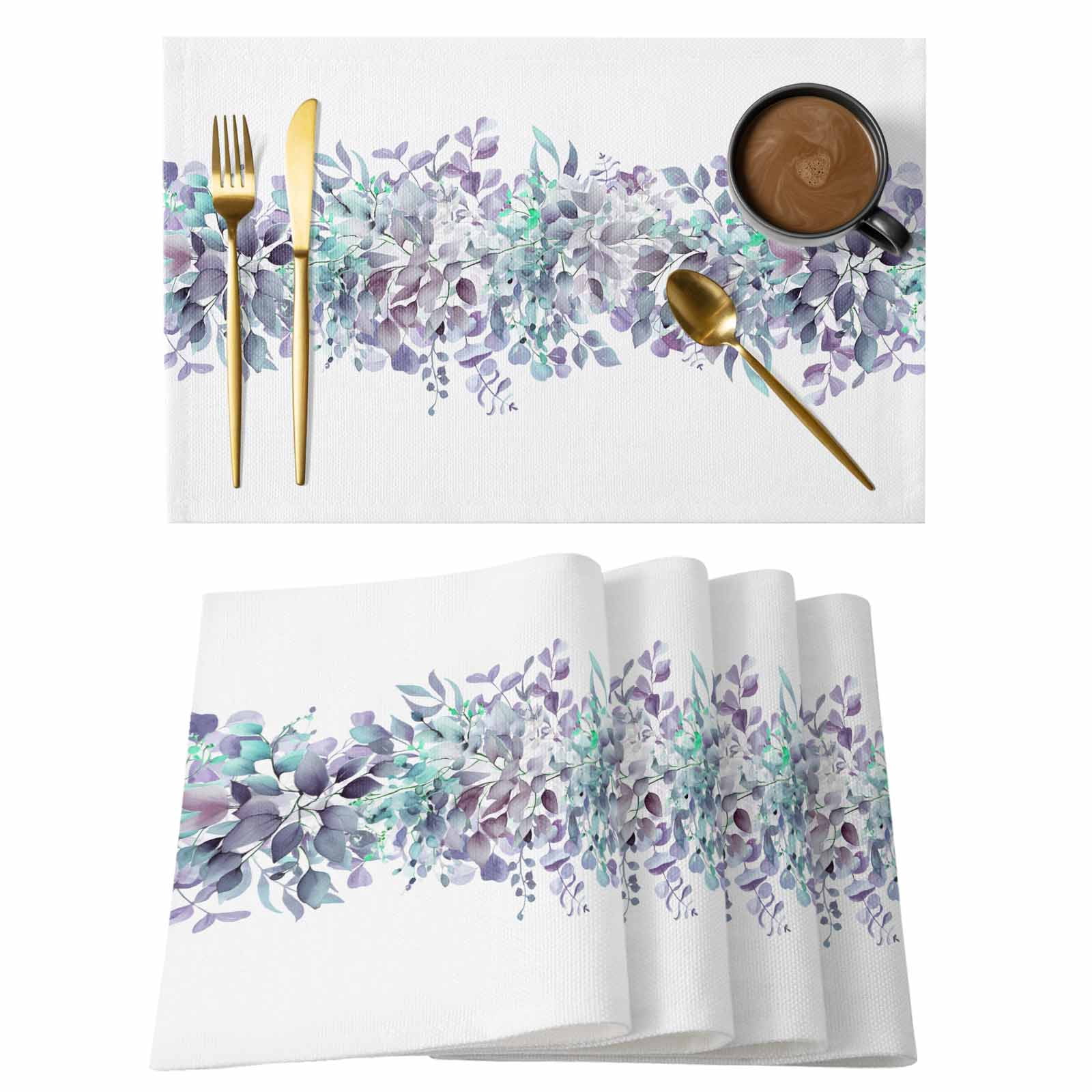 Watercolor Spring Placemats Set of 6, Blue Eucalyptus Leaves Non-Slip ...