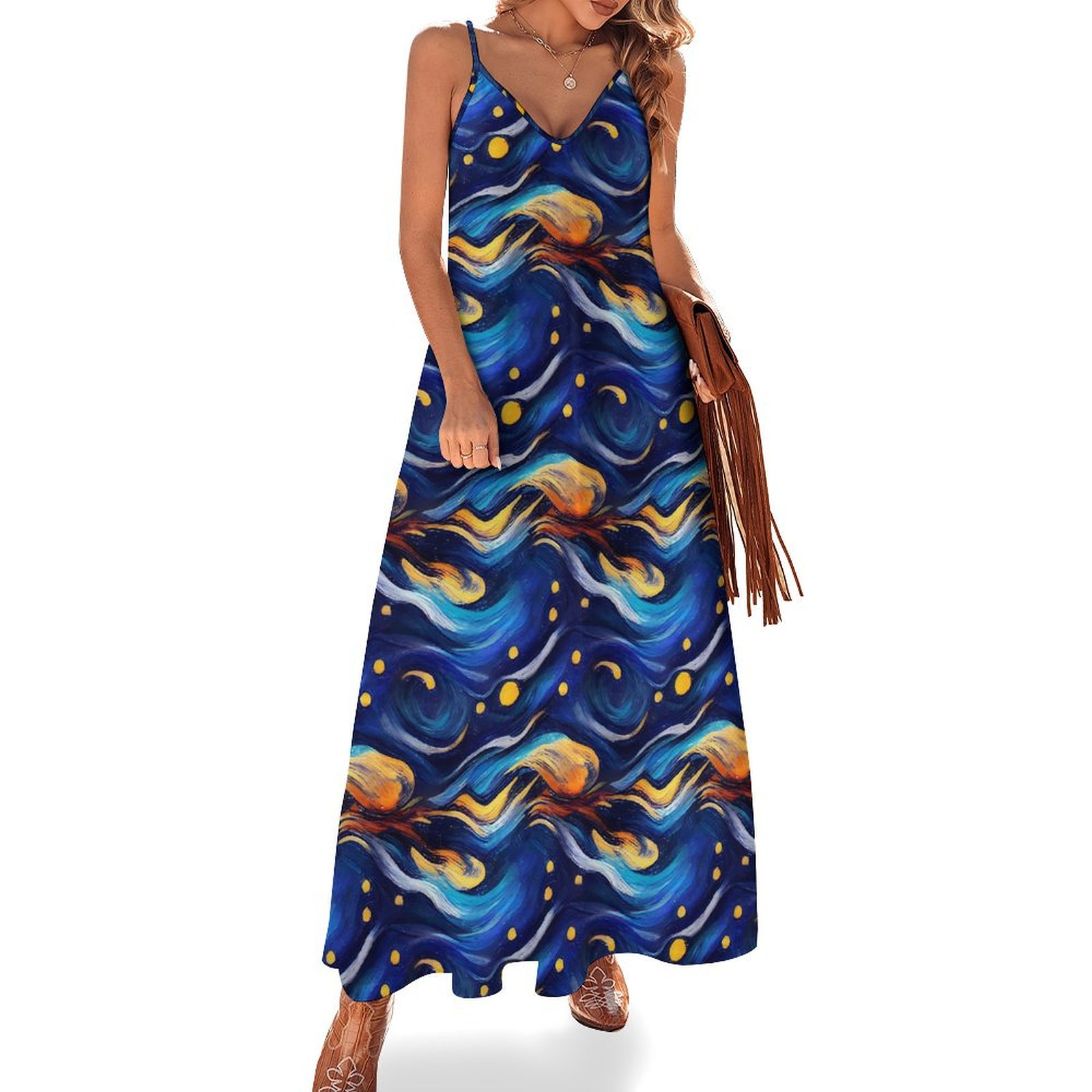 Watercolor Starry Night Dress Abstract Art Street Style V Neck Casual ...