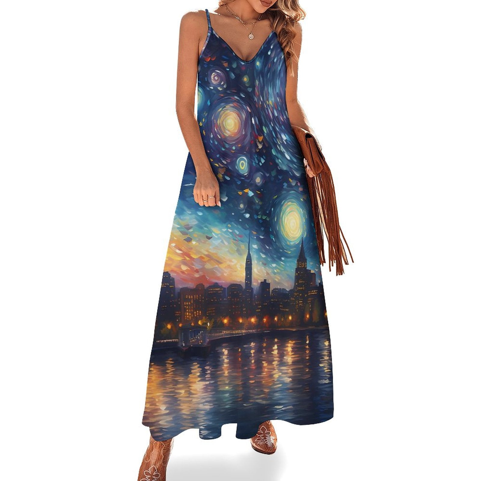Watercolor Starry Night Dress Abstract Art Street Style V Neck Casual ...