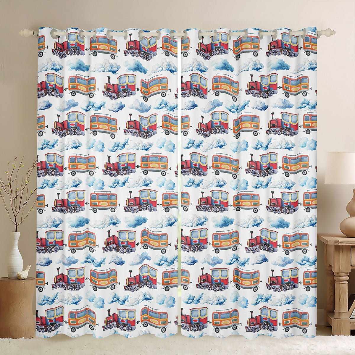 Watercolor Steam Engine Blackout Curtains Cartoon Train Curtains ...