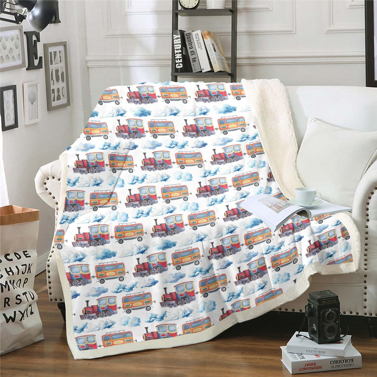 Watercolor Steam Engine Blanket Cartoon Train Throw Blanket for Bed ...