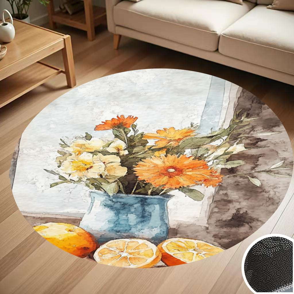Watercolor Still Life With Oranges Round Carpet Living Room Bedroom ...