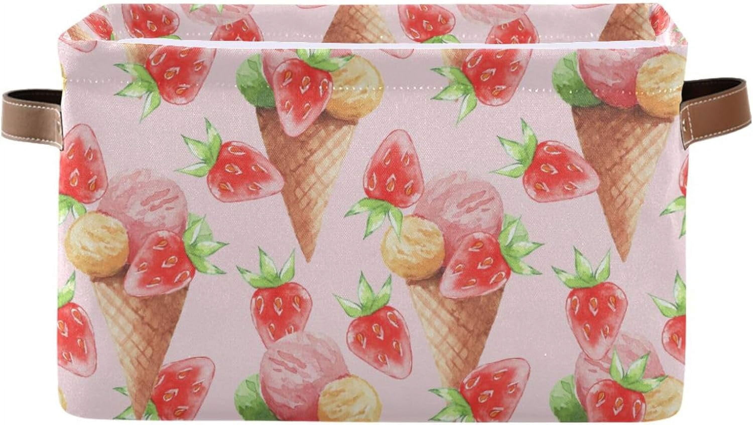 Watercolor Strawberries Ice Cream Storage Basket, Durable Canvas ...