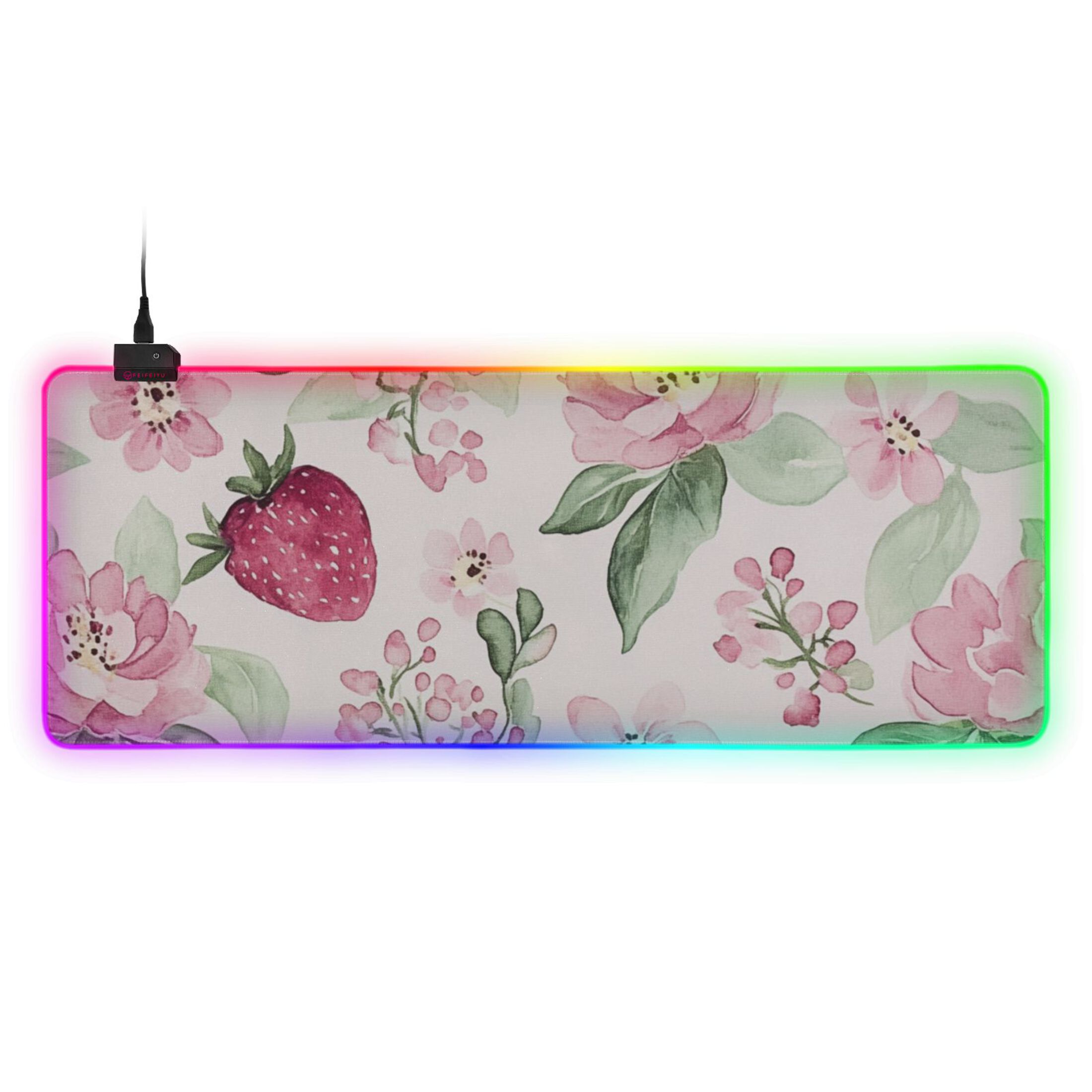 Watercolor Strawberries and Flowers RGB Gaming Mouse Pad Large Keyboard ...