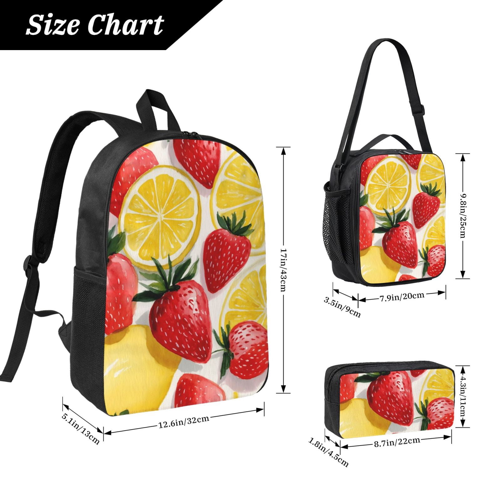 Watercolor Strawberry And Lemon Slice Backpack 17 Inch Set with Lunch ...