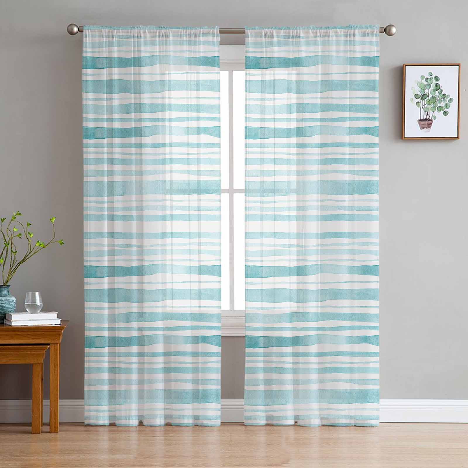 Watercolor Striped Blue-Green Triangle Tulle Sheer Curtains For Living ...