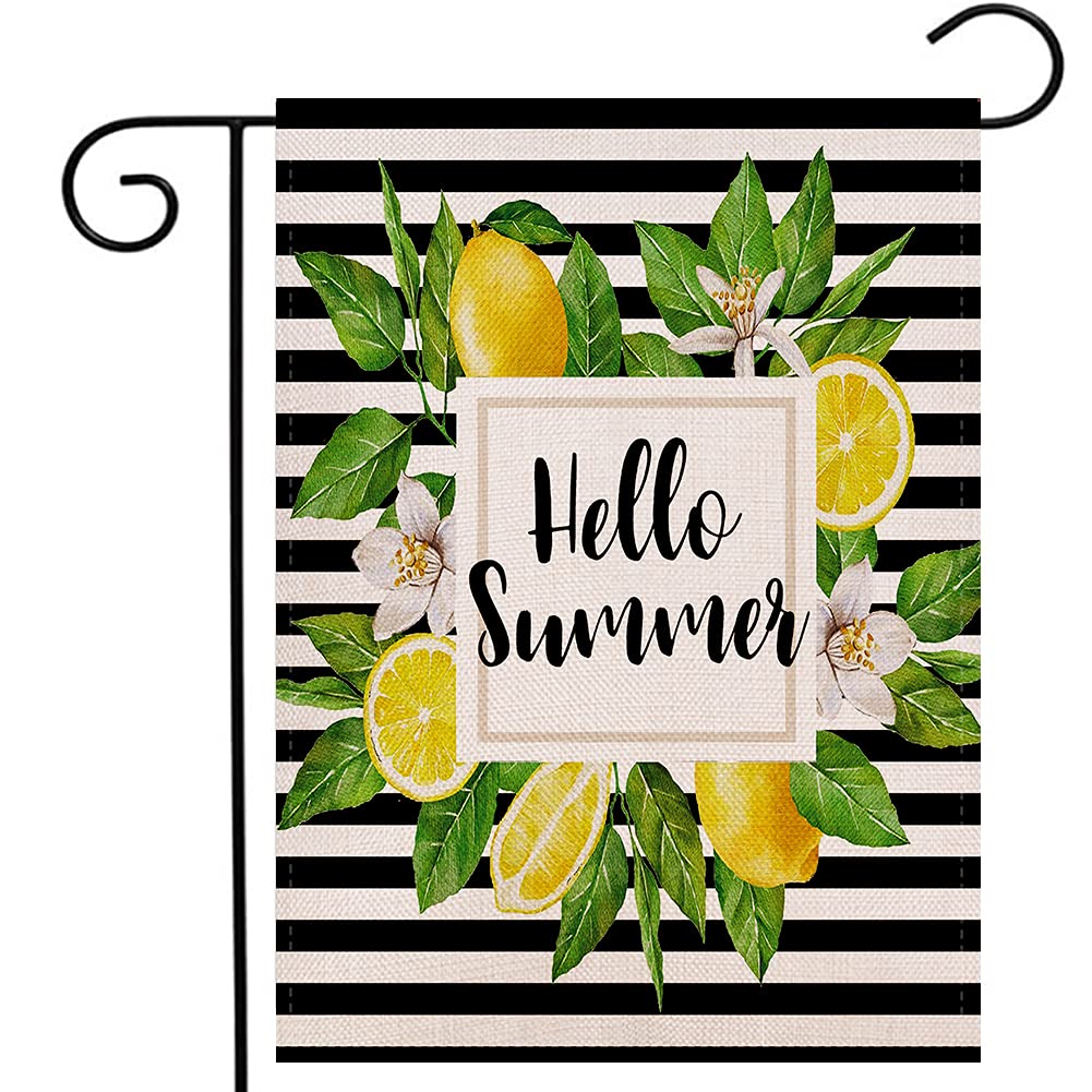 Watercolor Stripes Hello Summer Lemon Wreath Garden Flag Vertical ...