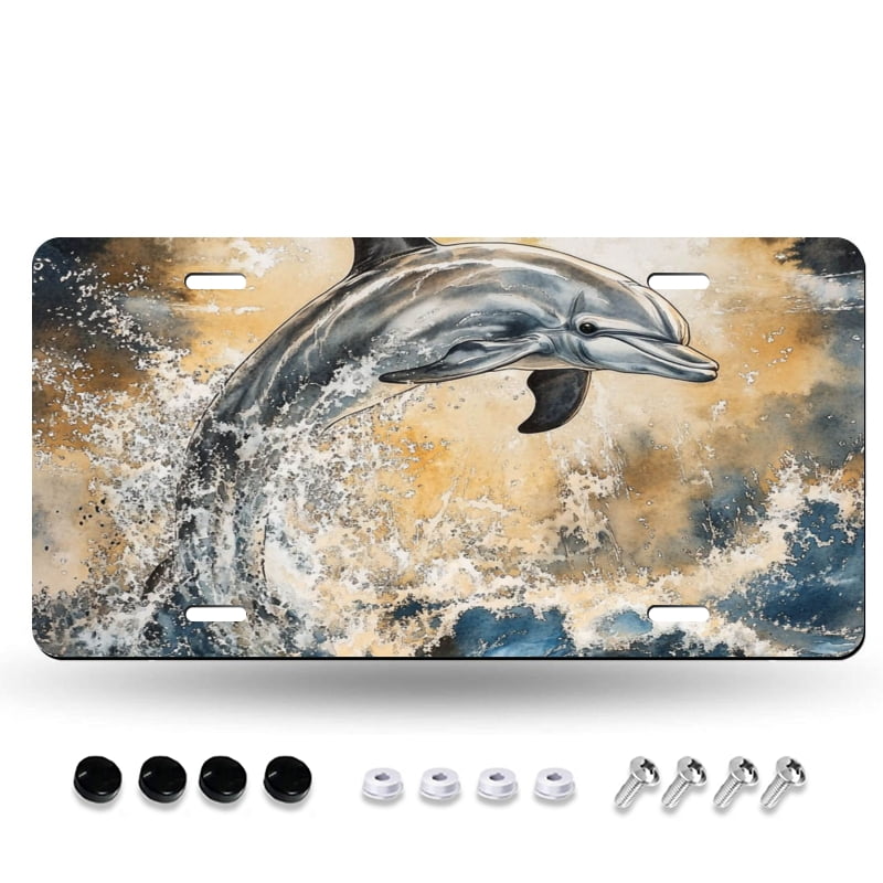 Watercolor Style Dolphin Leaping in Ocean Art License Plate Frame ...
