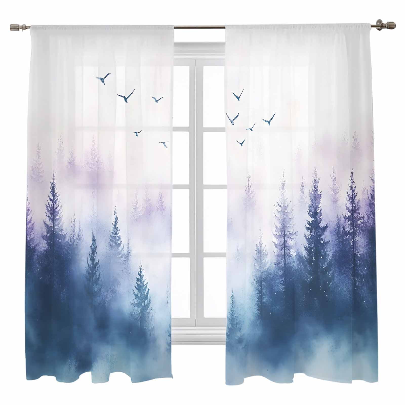 Watercolor Style Forest Sheer Curtains 63 inches Long 2 Panels Set ...