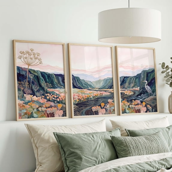 Watercolor Style Mountain Triptych Print Wildflower Valley Wall Art ...