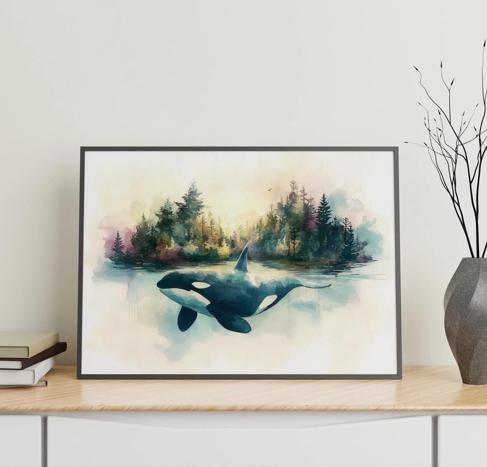 Watercolor Style Orca Whale Print Forest Ocean Art Nature Painting ...