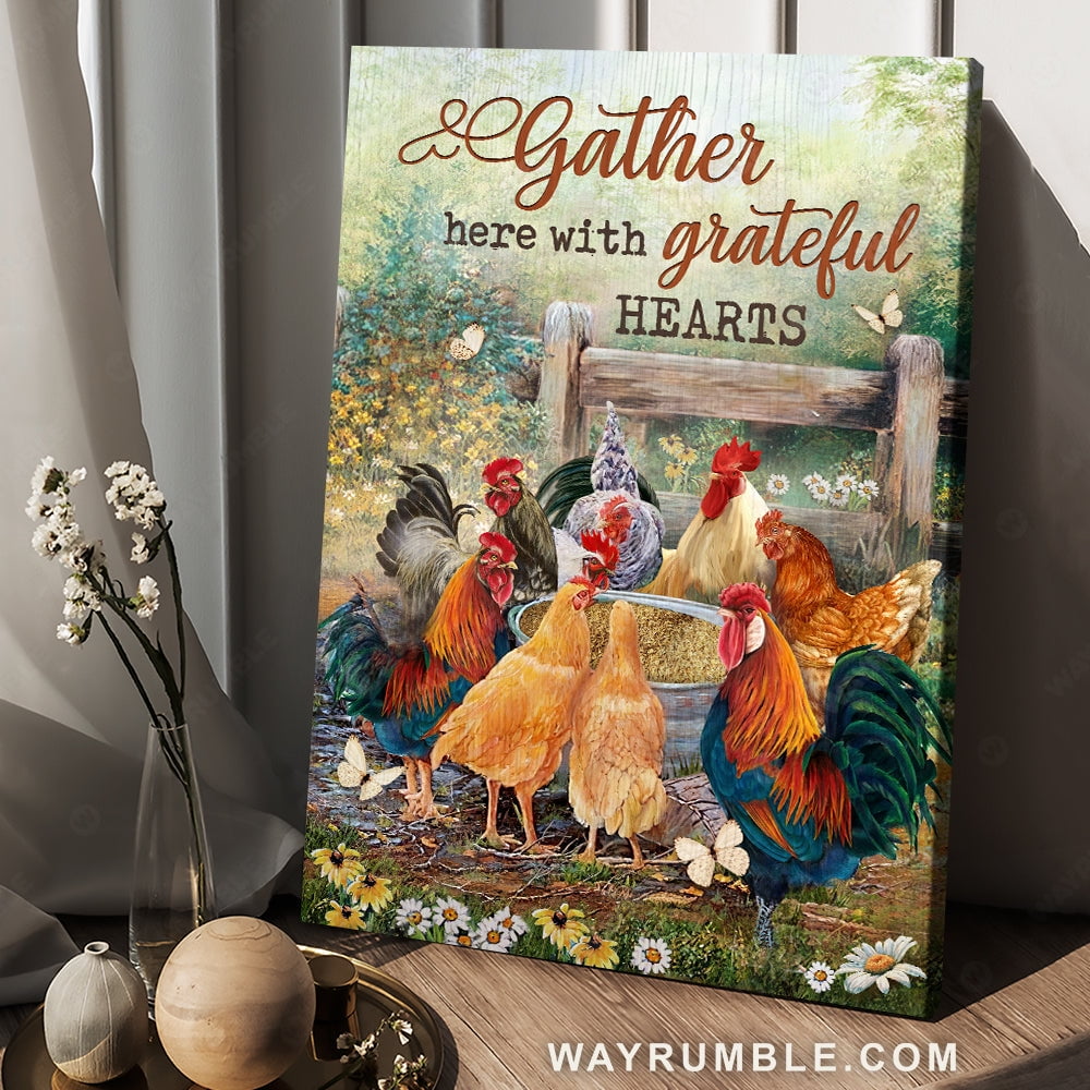 Watercolor Style Style Rooster, Meadow Land, Gather Here With Grateful ...