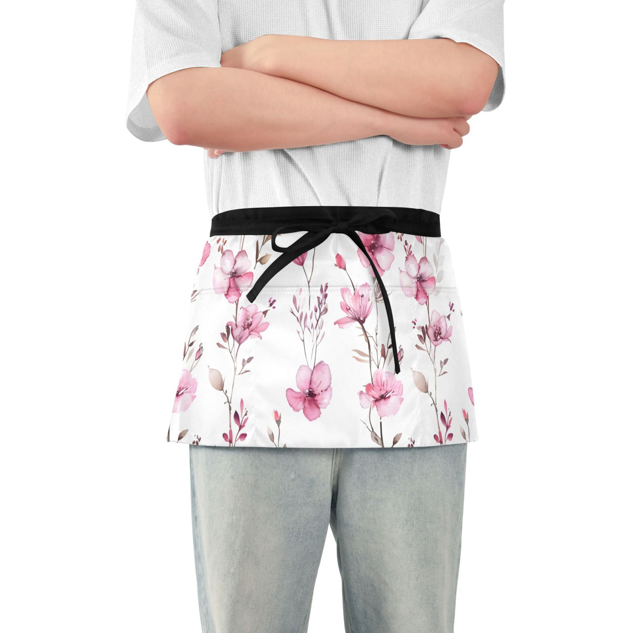 Watercolor Style Wild Flowers Spring Short Server Apron with 3 Pockets ...