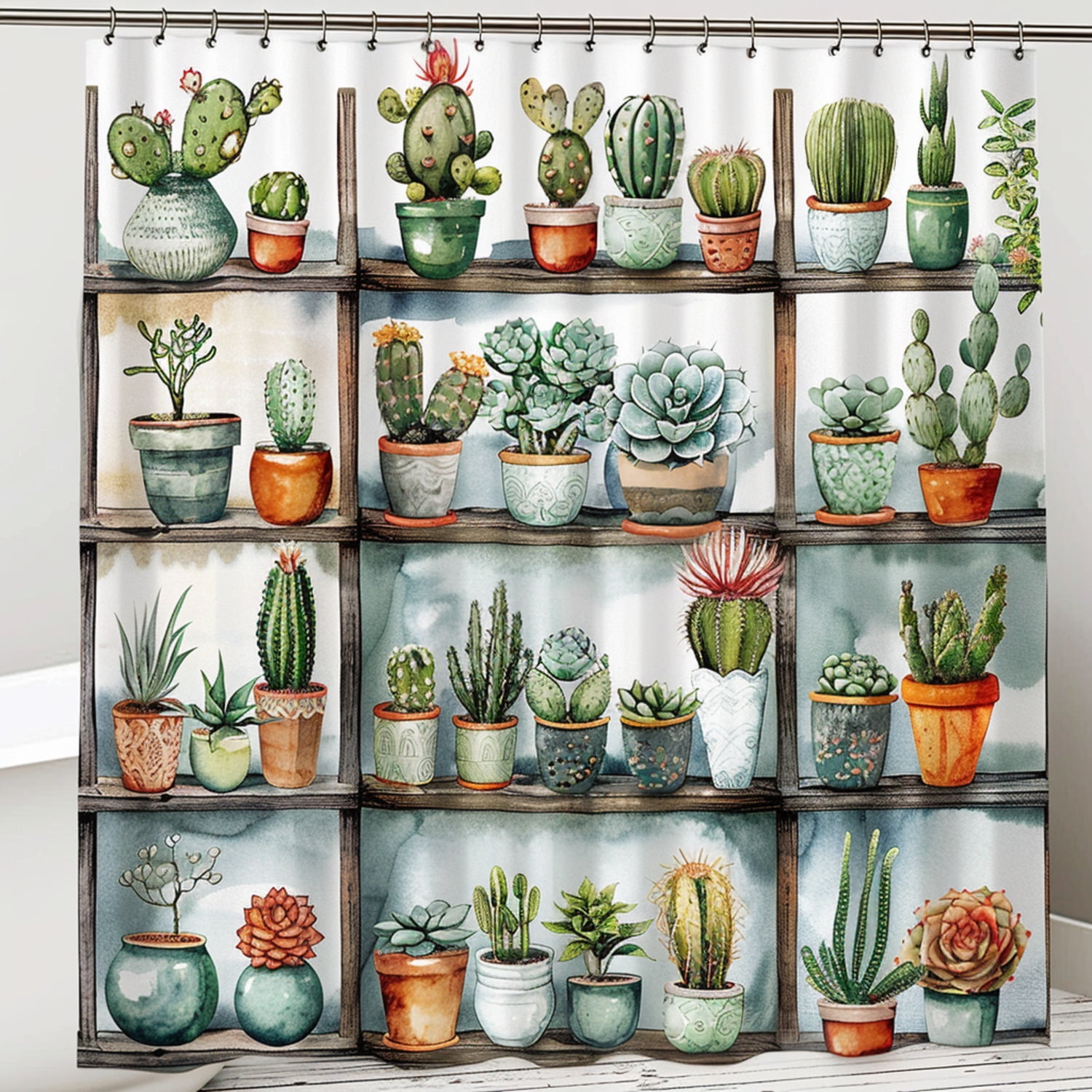 Watercolor Succulent And Cacti Bookshelf Design Bright Colors High