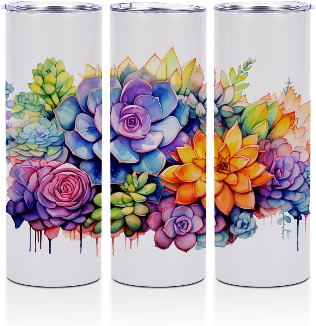 Watercolor Succulents 20 oz Skinny Tumbler Stainless Steel Slim ...