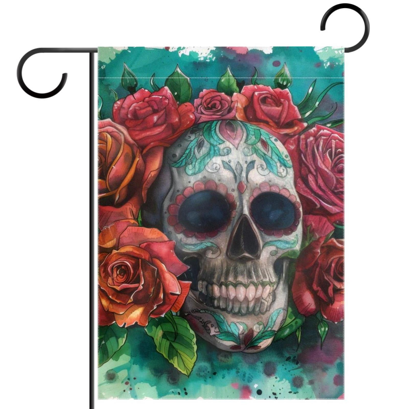 Watercolor Sugar Skull Rose Flower Double Sided Garden Flag Decorative ...