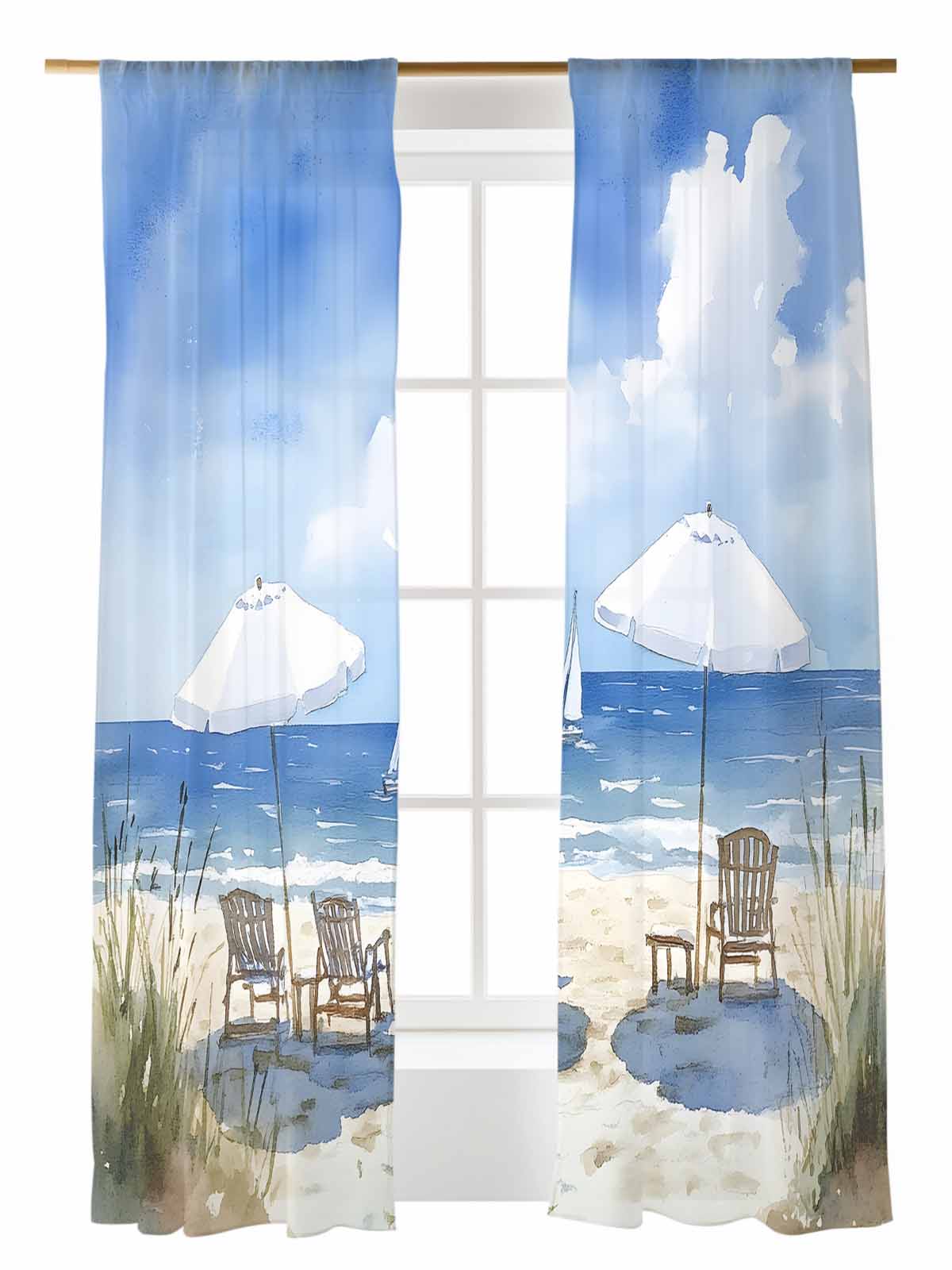 Watercolor Summer Beach Sheer Curtains 2 Panels Set Sun Umbrella Beach ...
