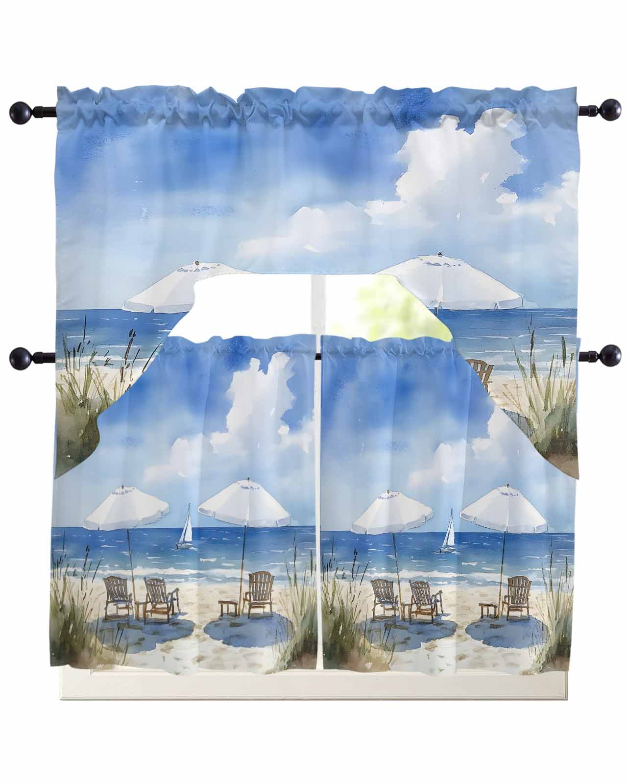 Watercolor Summer Beach Swag Valance and Tier Curtains Set Sun Umbrella ...