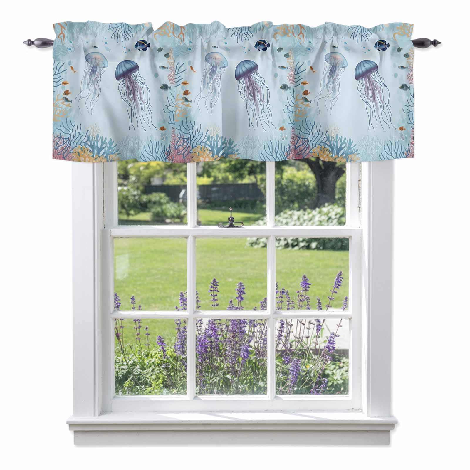 Watercolor Summer Coastal Jellyfish Valances for Windows,Rod Pocket ...