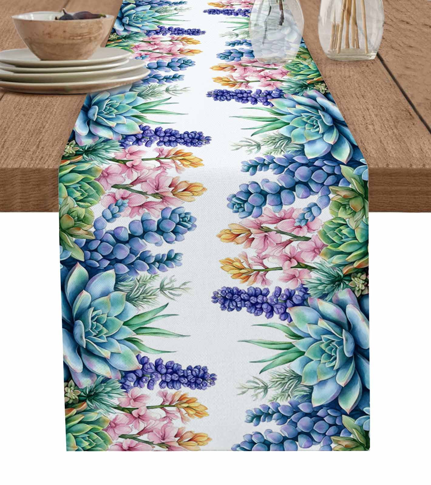 Watercolor Summer Succulents Table Runner 90 Inches, Spring Floral Farmhouse Bed Runner Dresser ...
