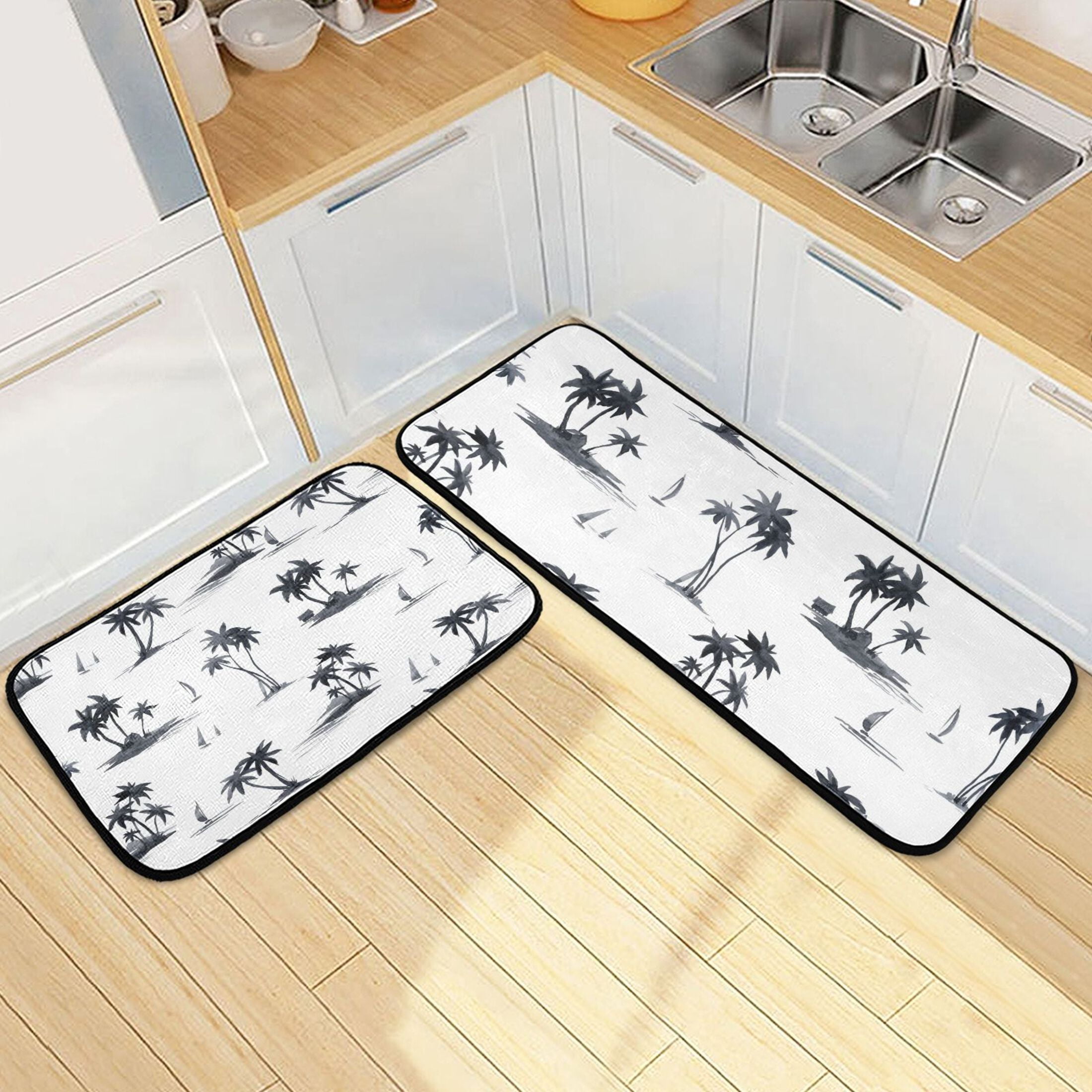 Watercolor Summer Tropical Tree Kitchen Rugs Set of 2 Non Slip Floor ...
