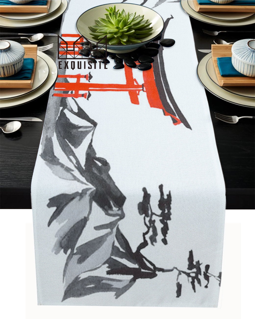 Watercolor Sun Building Mountain Bamboo Table Runner ration Home r ...